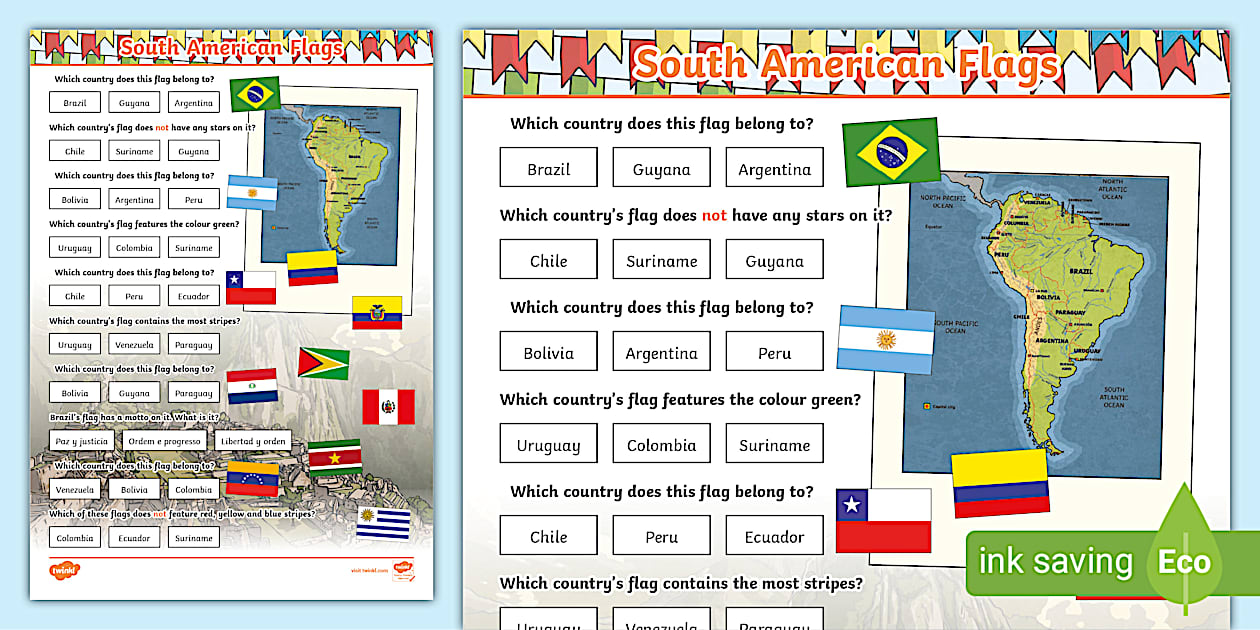 South American Flags Paper Quiz (teacher made) - Twinkl