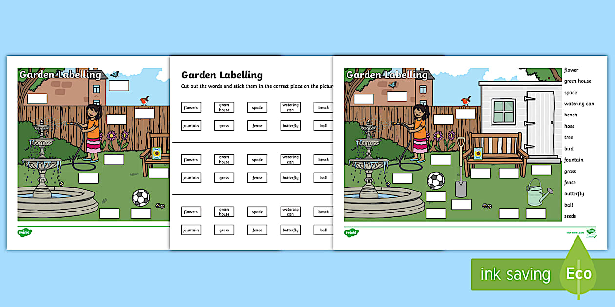 Editable Garden Scene Labelling Worksheet (teacher made)