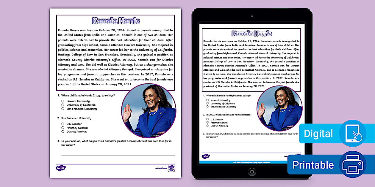 Kamala Harris Reading Passage Comprehension Activity