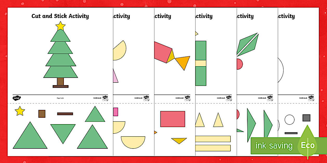 2D Shape Christmas Tree and Festive Items Worksheet - Twinkl