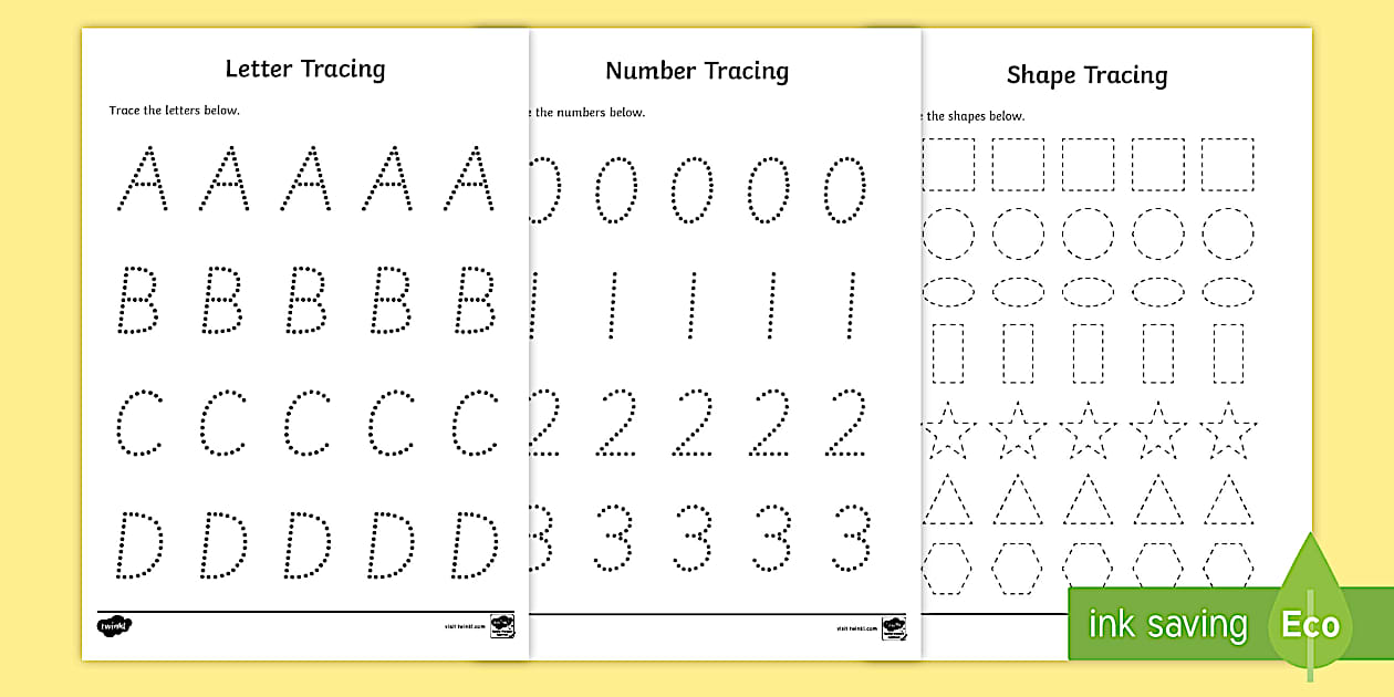 Cursive Letters, Numbers and Shapes Tracing Pattern Worksheets