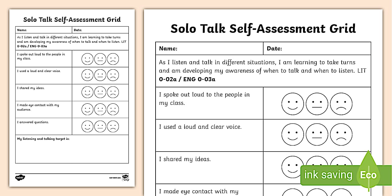 CfE Early Level Solo Talk Self Assessment Grid - Twinkl