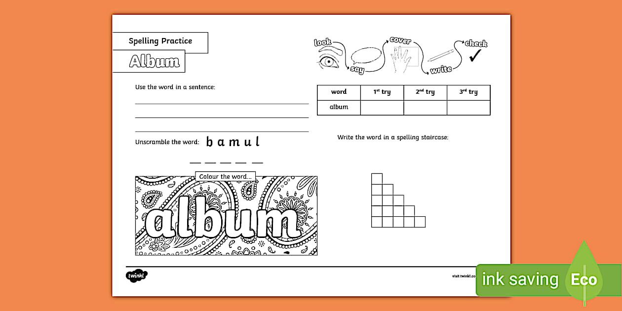 Album Spelling Practice Worksheet (Teacher-Made) - Twinkl
