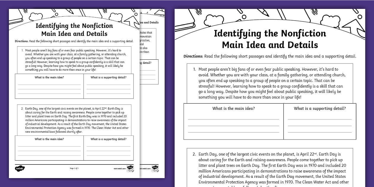 Identifying the Nonfiction Main Idea and Details Worksheet