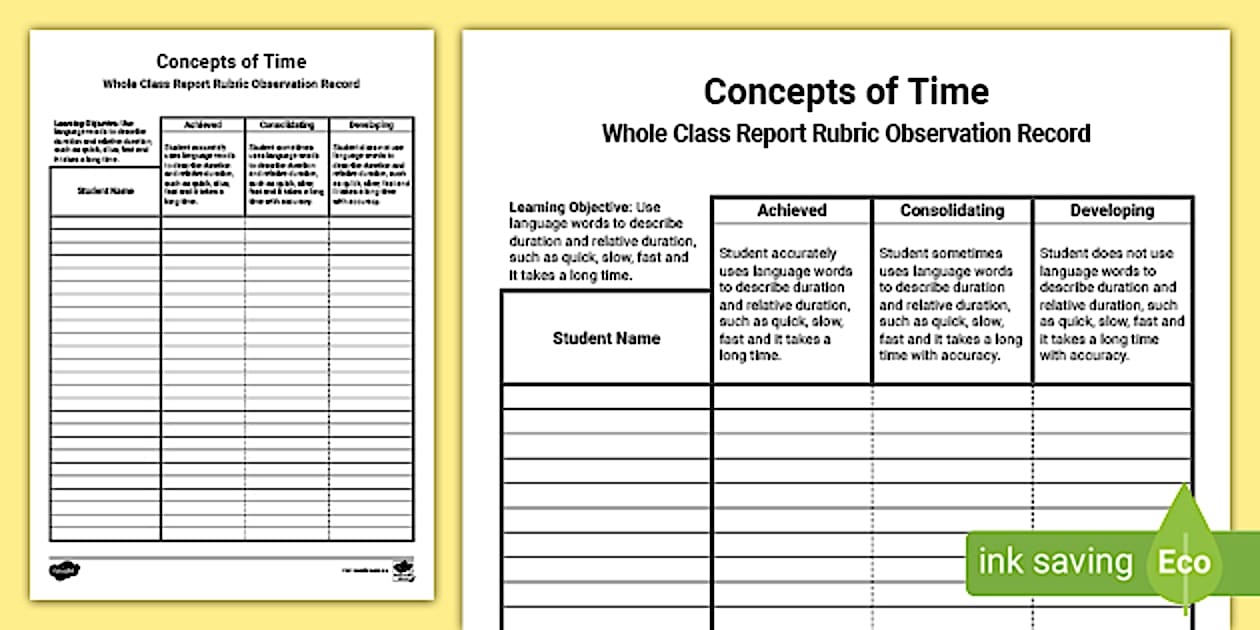 Editable Concepts of Time EYLF Assessment Rubric/Guide to Making Judgement