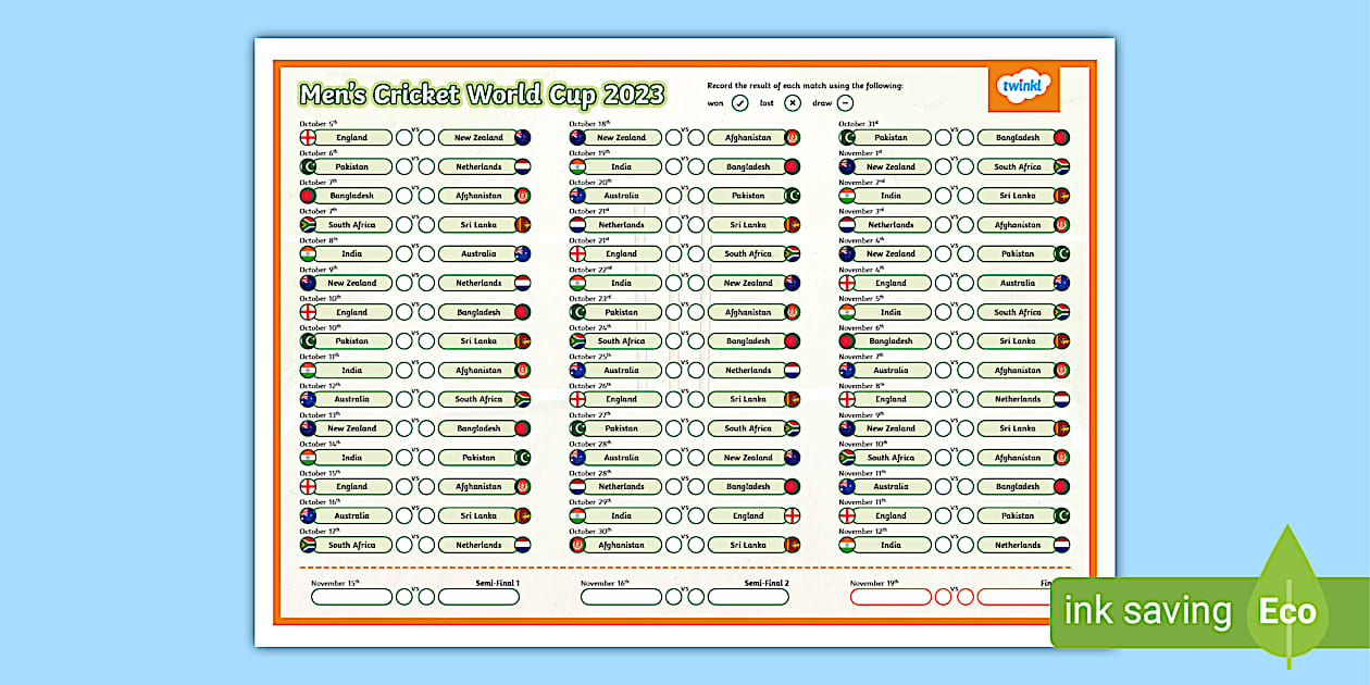 Men' Cricket World Cup 2023 - Wall Chart - Twinkl - KS2
