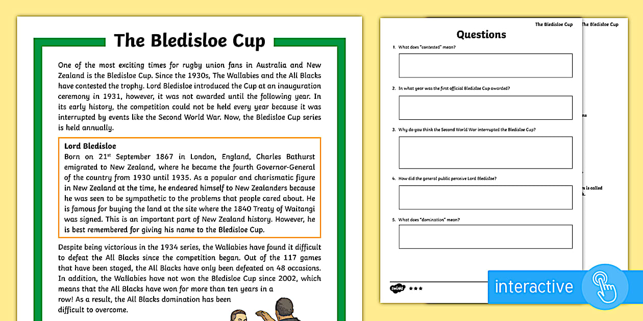 3-4 Bledisloe Cup Differentiated Comprehension Worksheet / Worksheets
