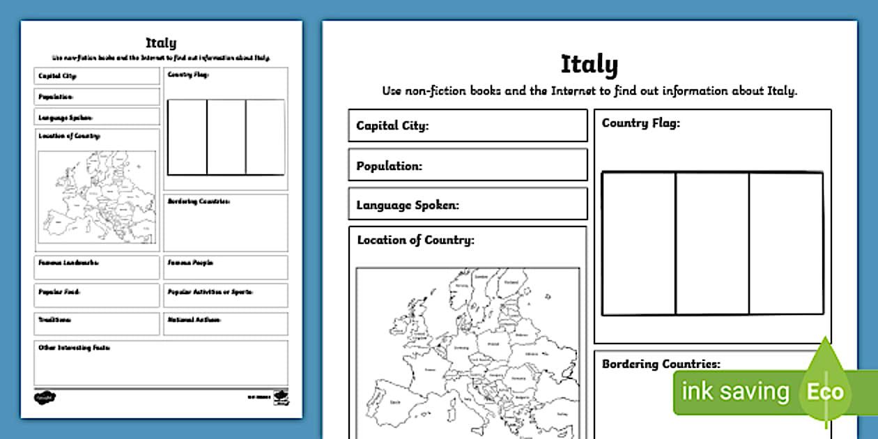Editable Italy Fact File for Kids Writing Template - Twinkl