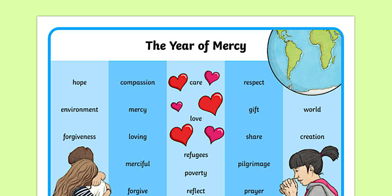 Cursive Year of Mercy Word Mat (teacher made) - Twinkl