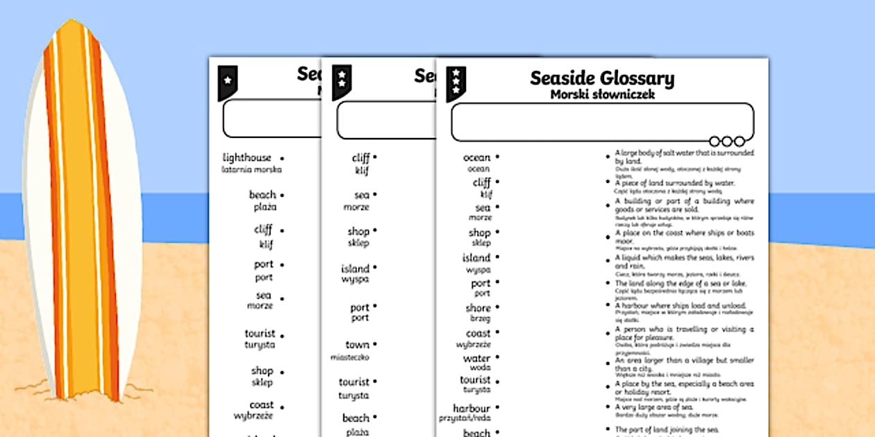 Seaside Glossary Differentiated Worksheet / Worksheets Polish Translation