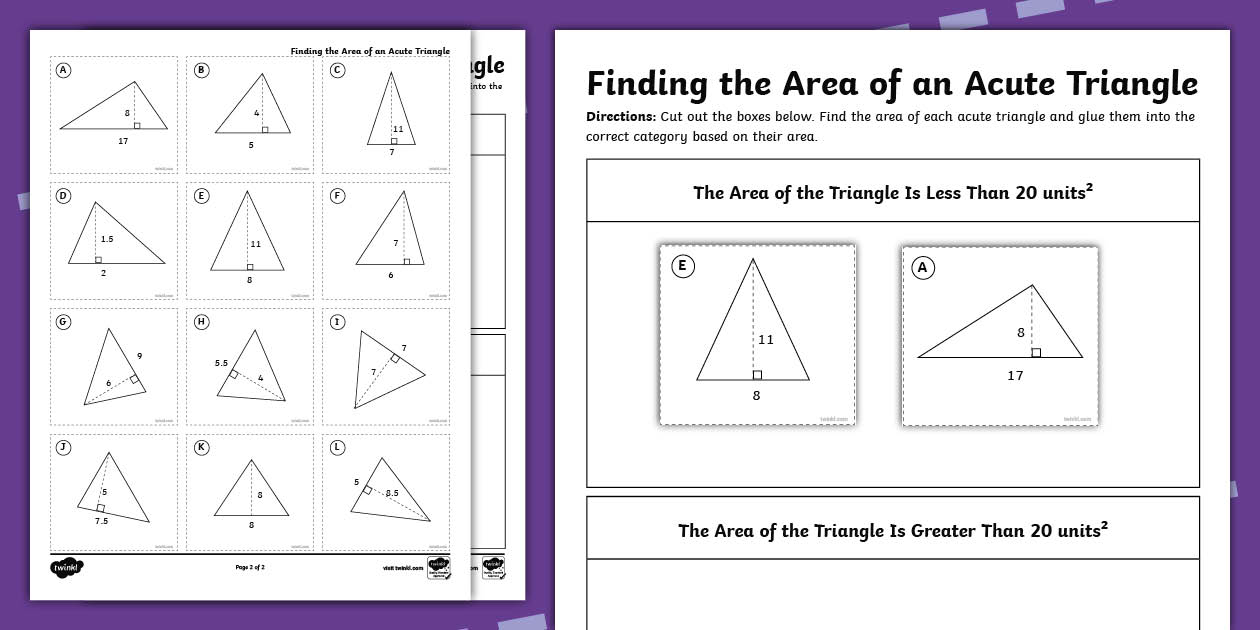 Sixth Grade Finding the Area of an Acute Triangle Sorting Worksheet
