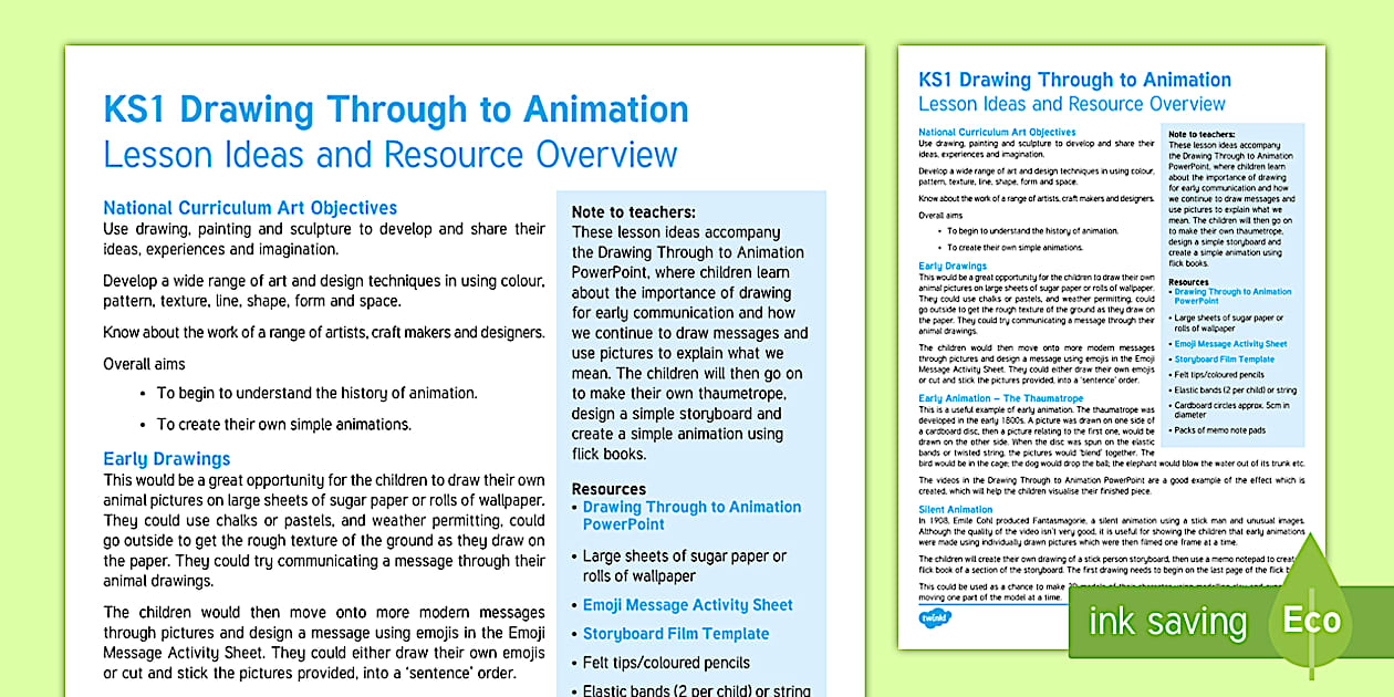 KS1 Drawing Through to Animation Lesson Ideas (teacher made)