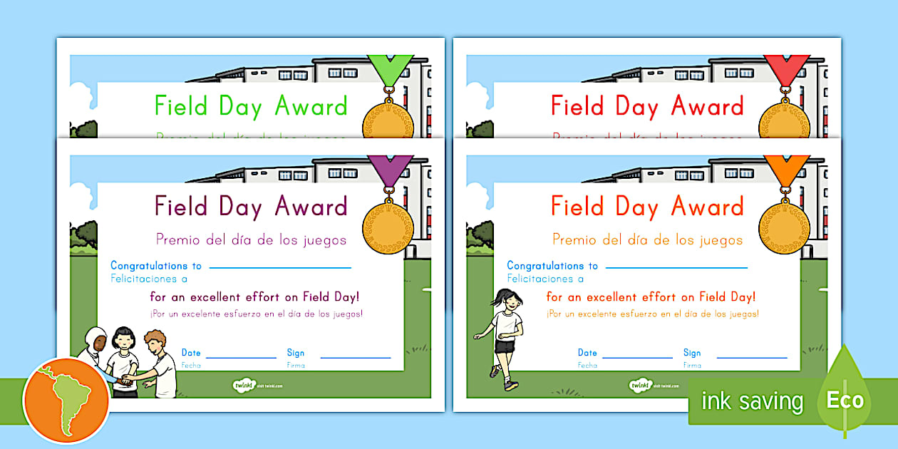 Field Day Certificate English/Spanish (Hecho por educadores)
