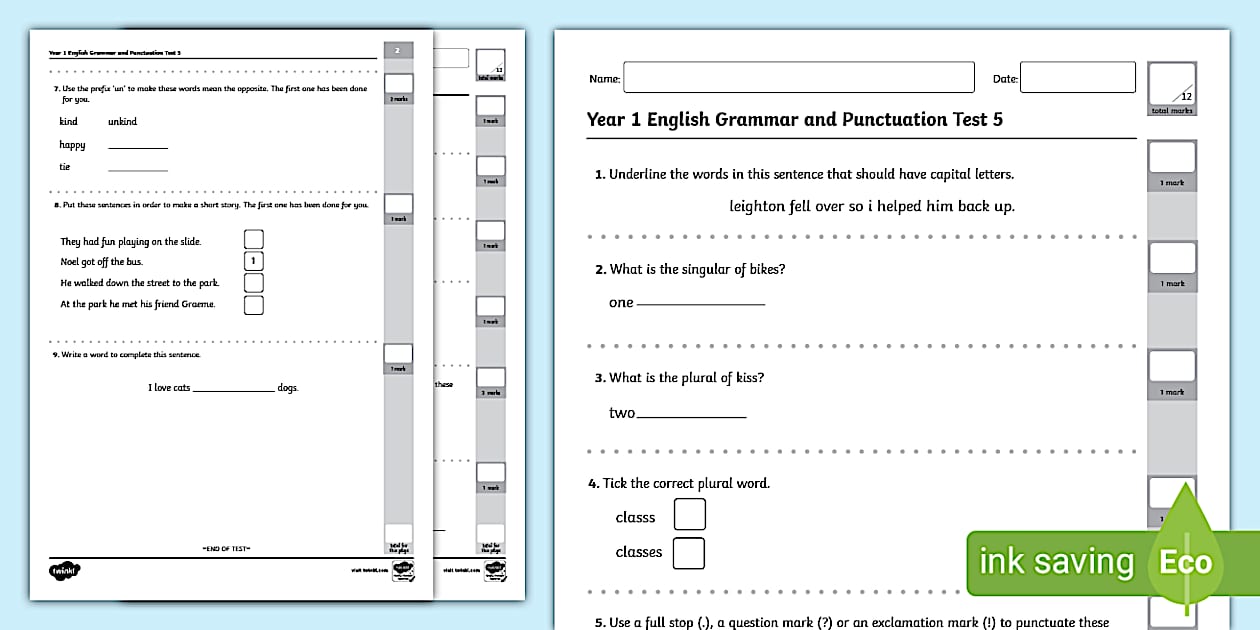 Grammar & Punctuation Test 5 - Literacy Test Questions - Y1