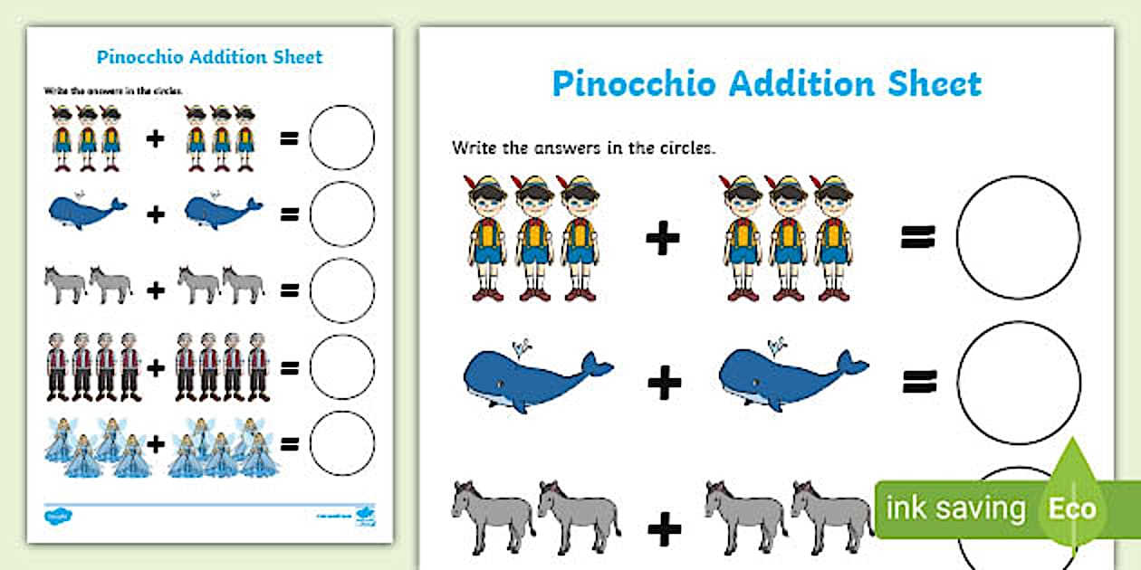 Pinocchio Addition Sheet (teacher made) - Twinkl