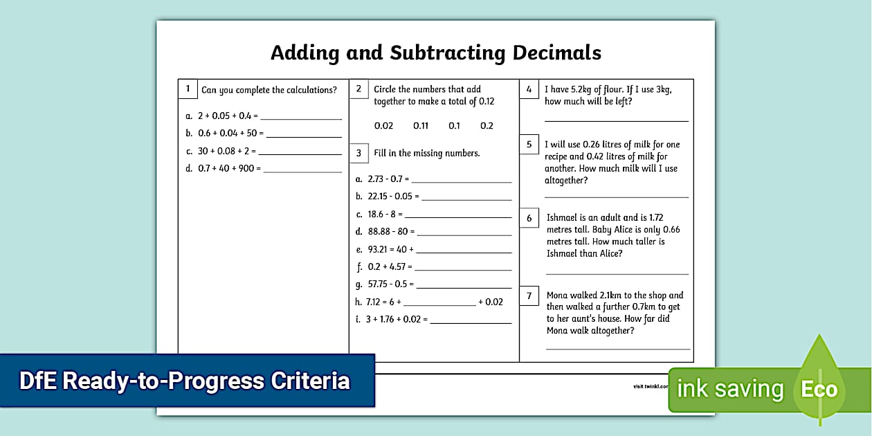 👉 Adding and Subtracting Decimal Numbers Activity Sheet - KS2