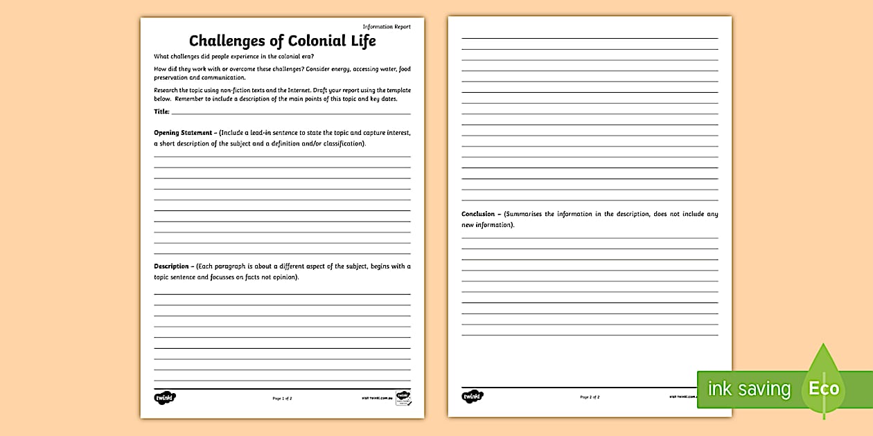 Challenges of Colonial Life Report Writing Template - Twinkl
