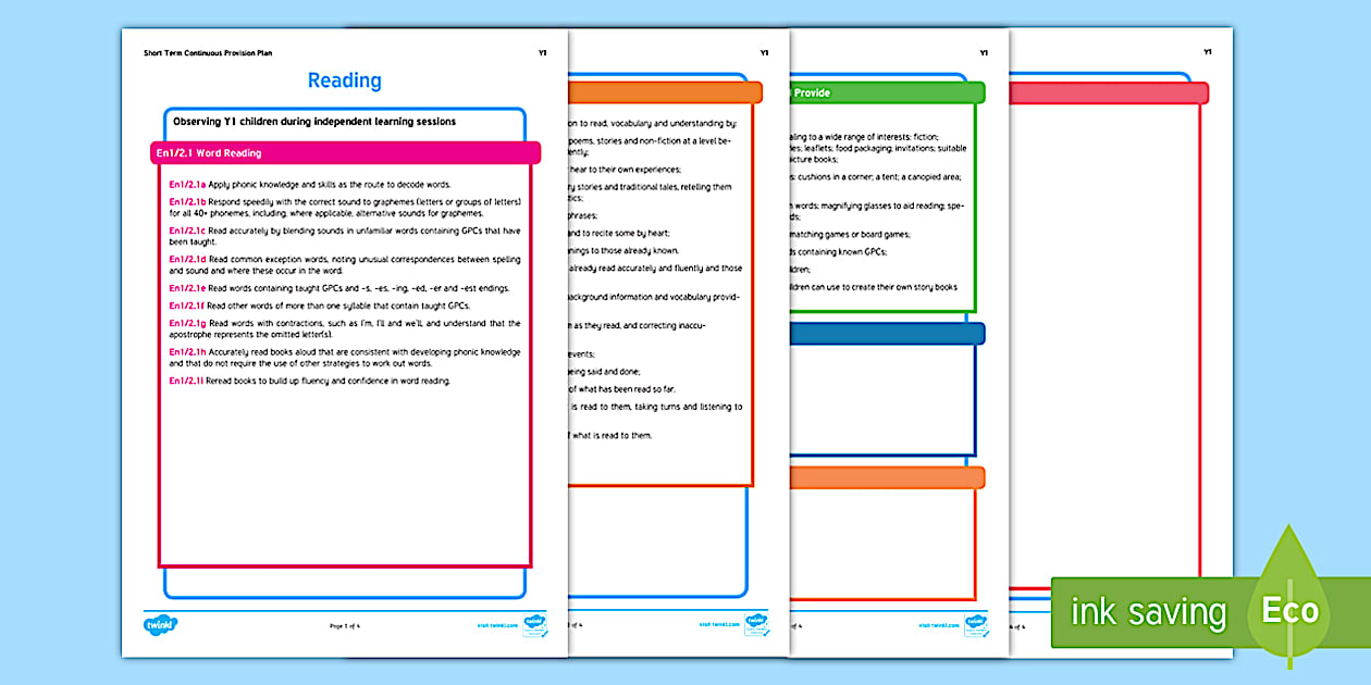 Editable Short Term Continuous Provision Plan Y1 Reading Area Guidance Pack