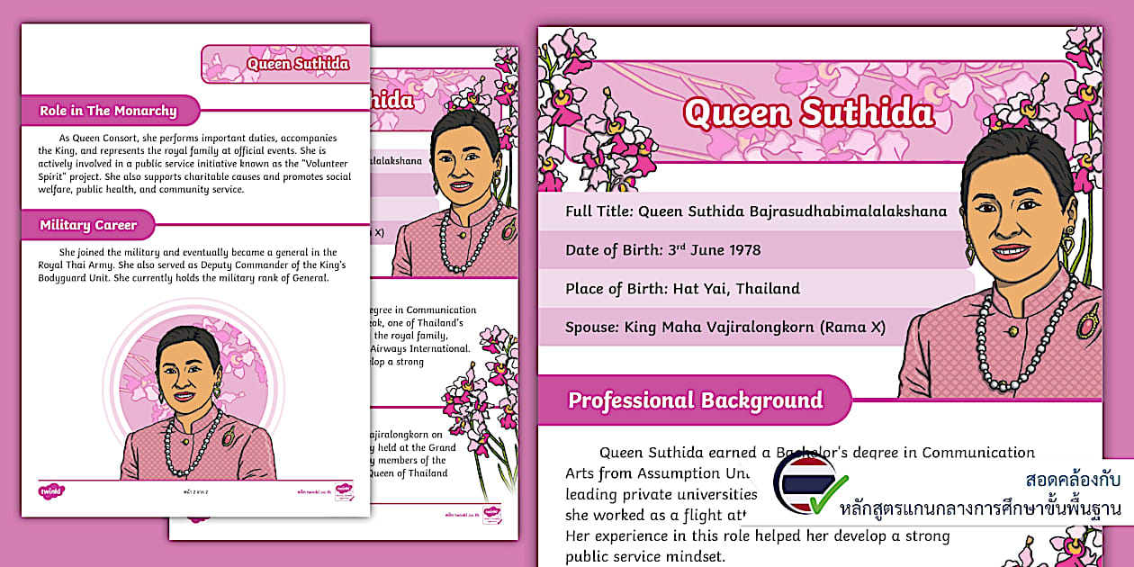 พระราชประวัติสมเด็จพระนางเจ้า ฯ พระบรมราชินี (ภาษาอังกฤษ) - Queen Suthida Fact