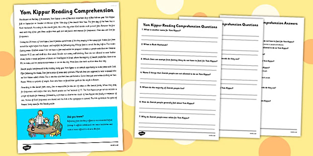 Black and White Yom Kippur Reading Comprehension Activity