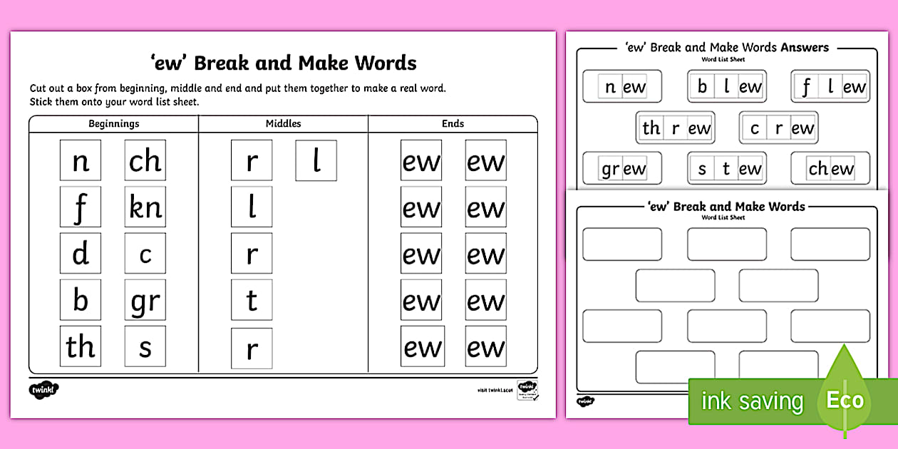 'ew' Sound Break and Make Worksheet (teacher made) - Twinkl