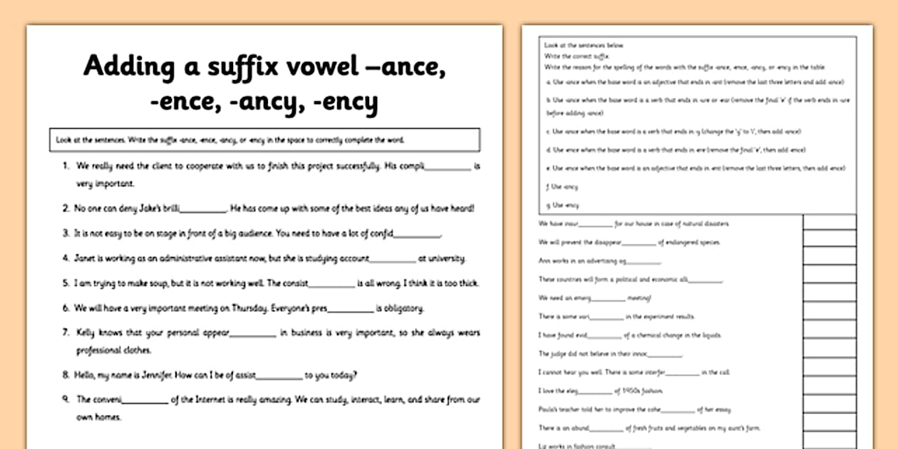Adding a Vowel Suffix ance ence ancy ency Worksheet / Worksheet Pack