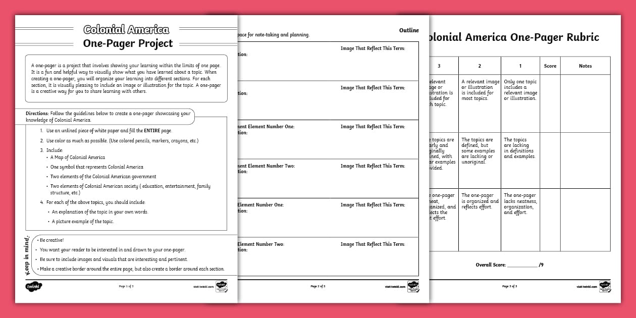 Colonial America One-Pager Project for 6th-8th Grade