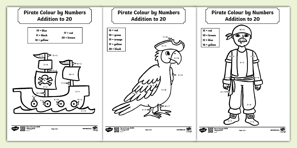 Pirate Addition to 20 Colour by Numbers - Twinkl
