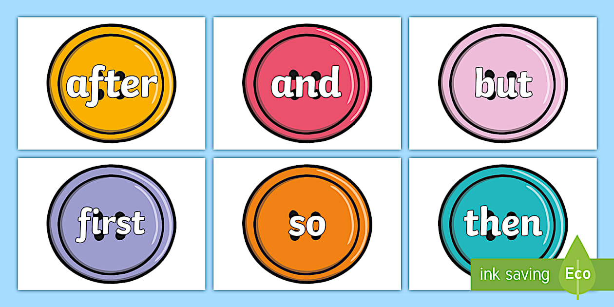 Connectives on Buttons (teacher made) - Twinkl