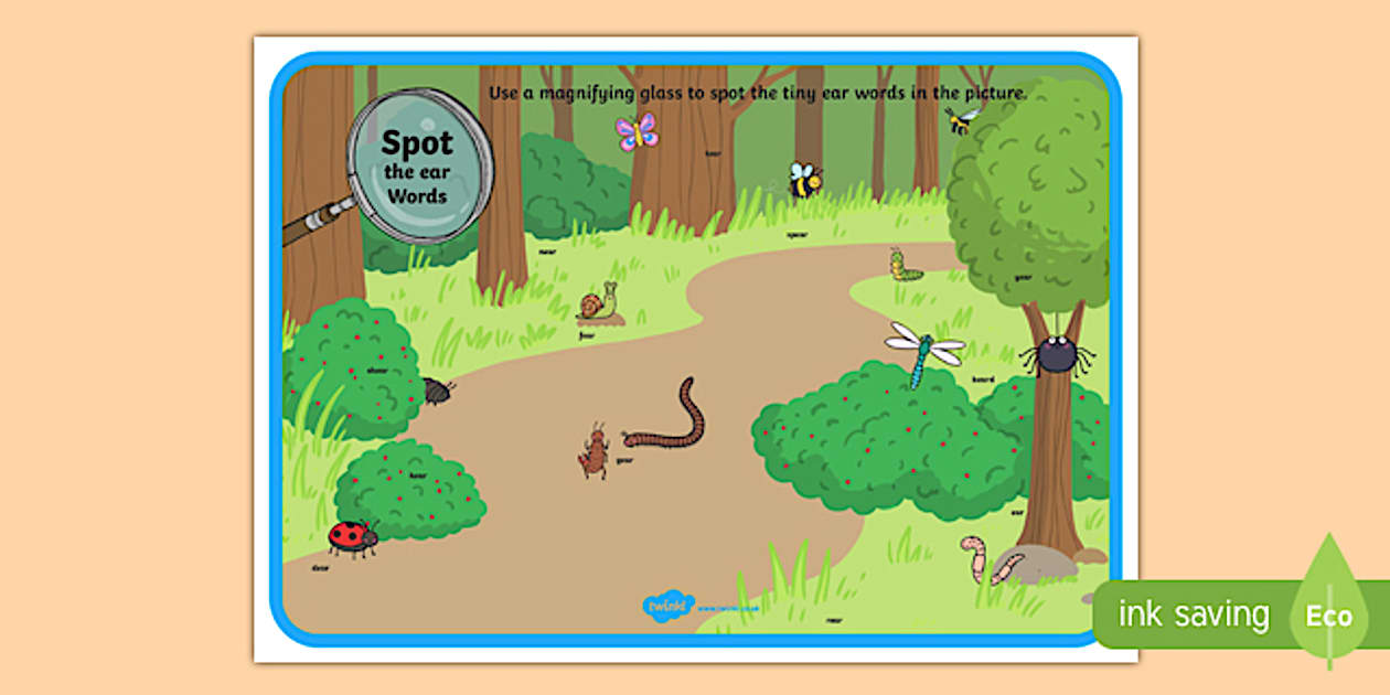 Phase 3 ear Words Minibeasts Scene Magnifying Glass Worksheet / Worksheet,