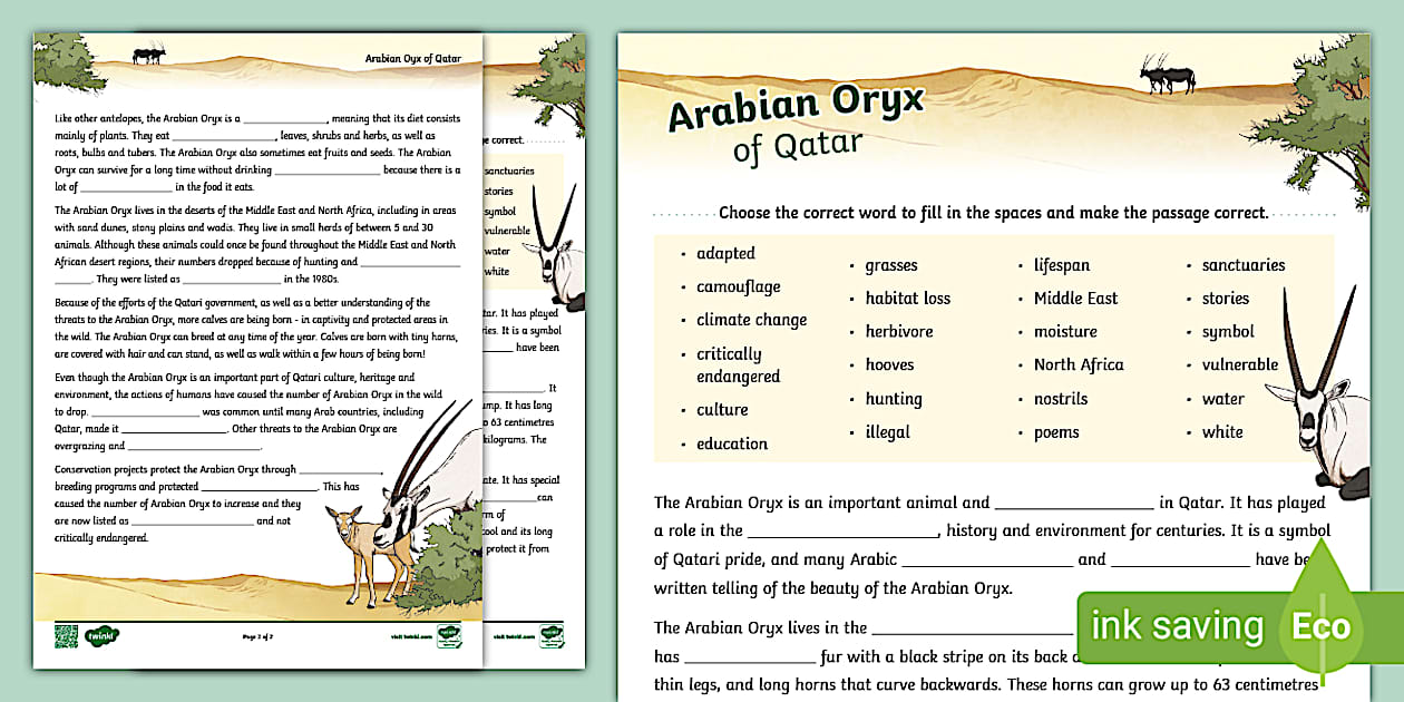 The Arabian Oryx of Qatar Worksheet (Teacher-Made) - Twinkl