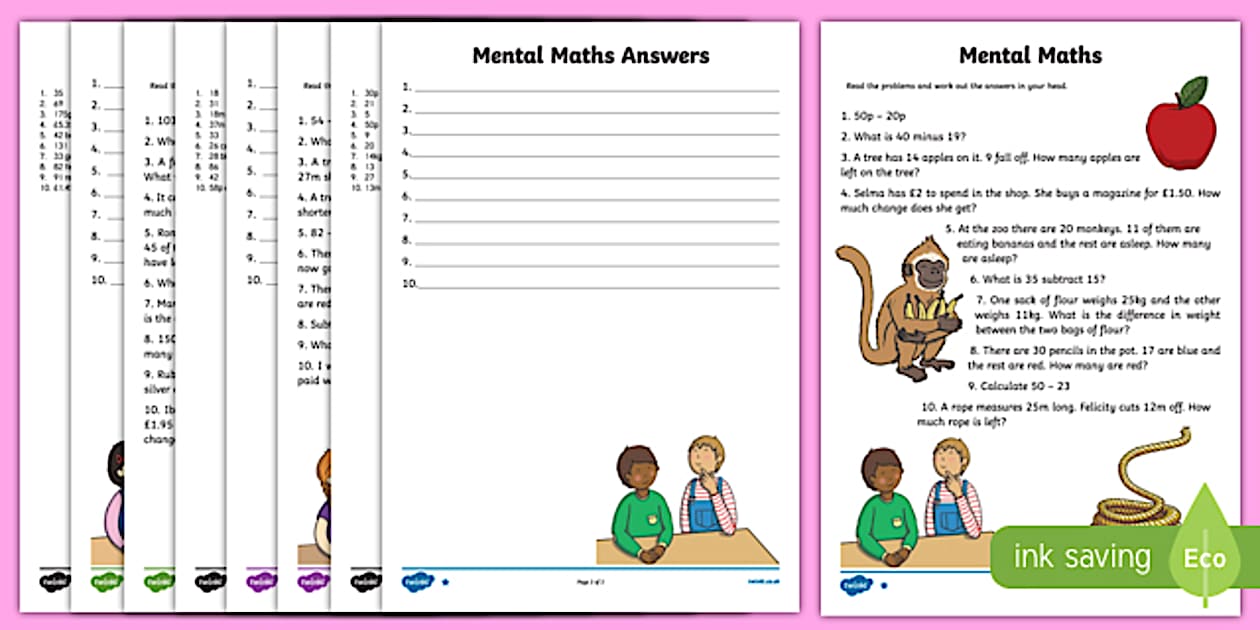 Mental Maths Subtraction Worksheet Pack (teacher made)
