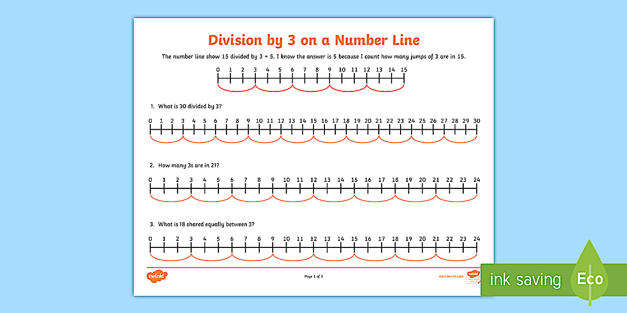 Division by 3 on a Number Line Worksheet - Twinkl