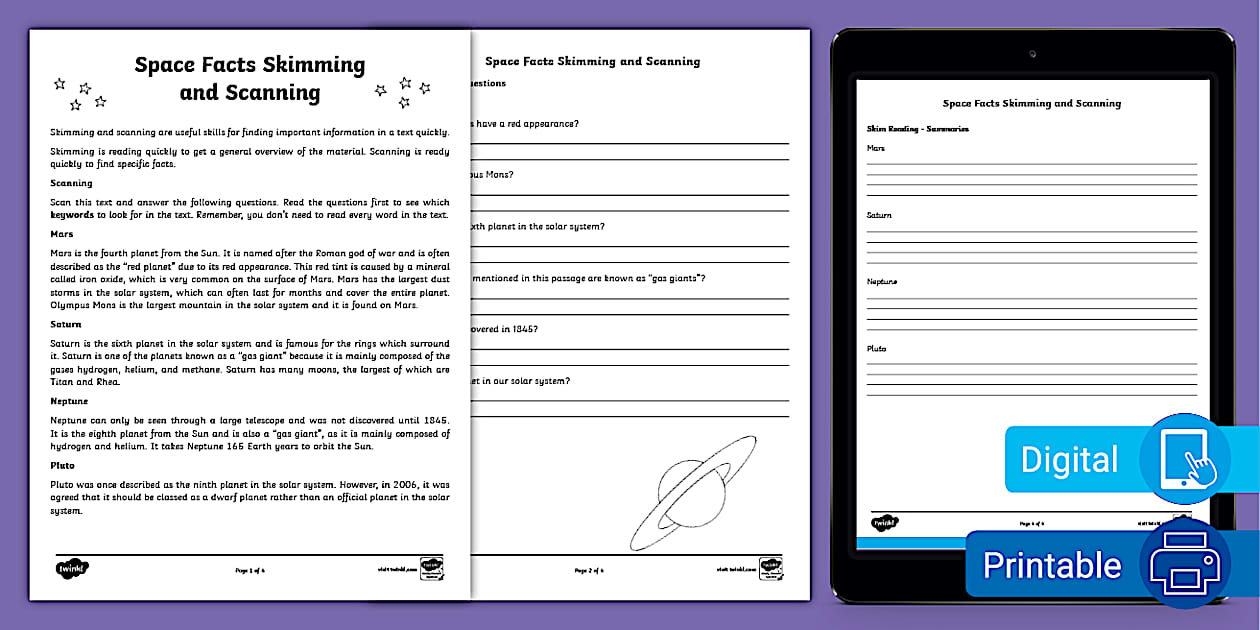 Space Facts Skimming and Scanning Reading Worksheet for 3rd-5th Grade