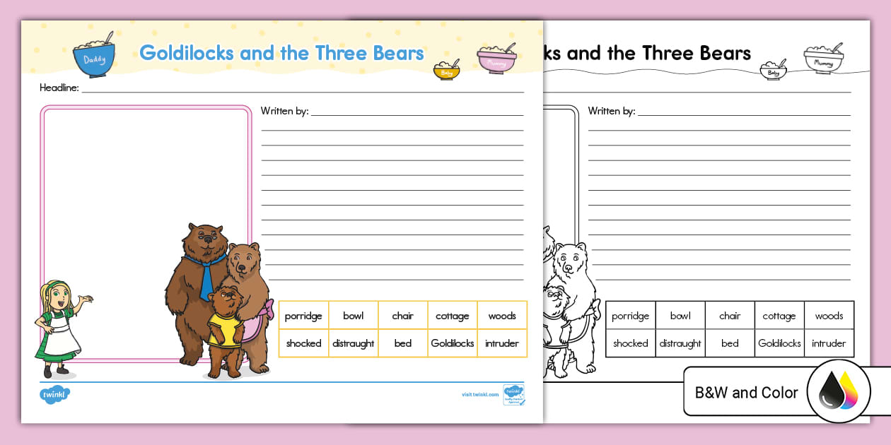 Goldilocks and the Three Bears Newspaper Template for K-2nd Grade