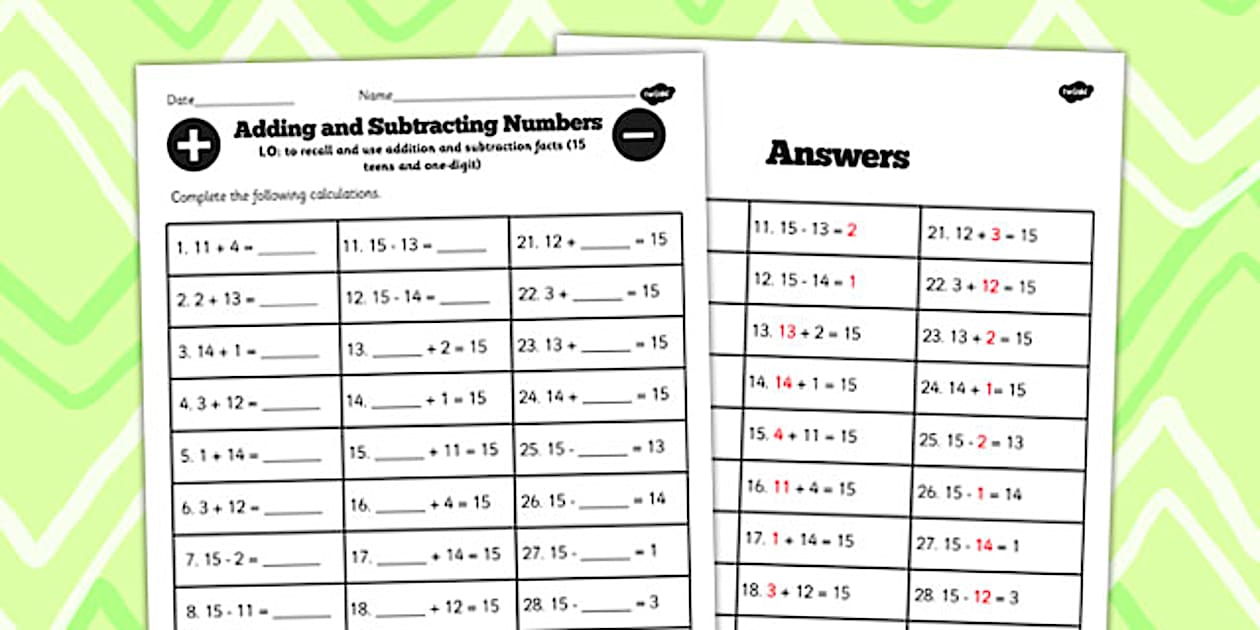 Number Facts to 15 Worksheet Teens Add One Digit - Twinkl