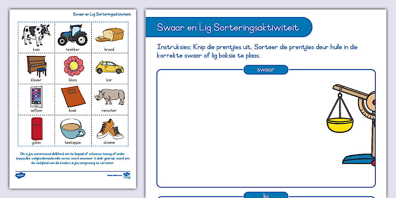 Graad R Lig of Swaar Knip en Sorteer Aktiwiteit - Twinkl