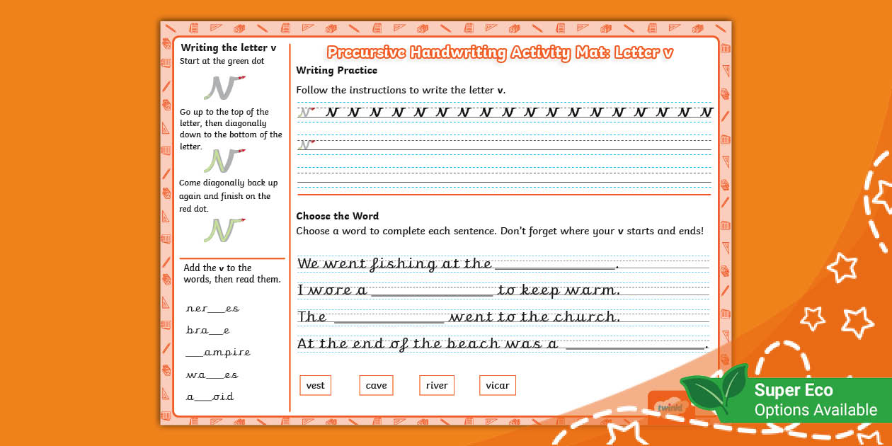 Precursive Handwriting Activity Mat: Letter v (teacher made)