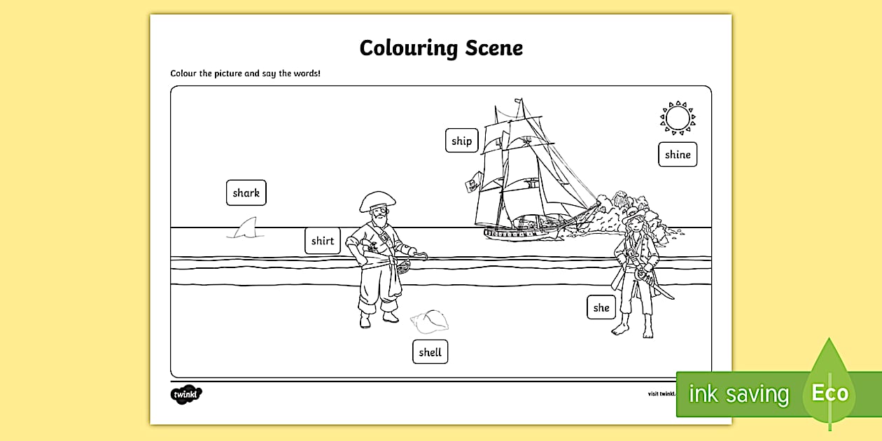 sh Sound Word Production Colouring Scene - Twinkl