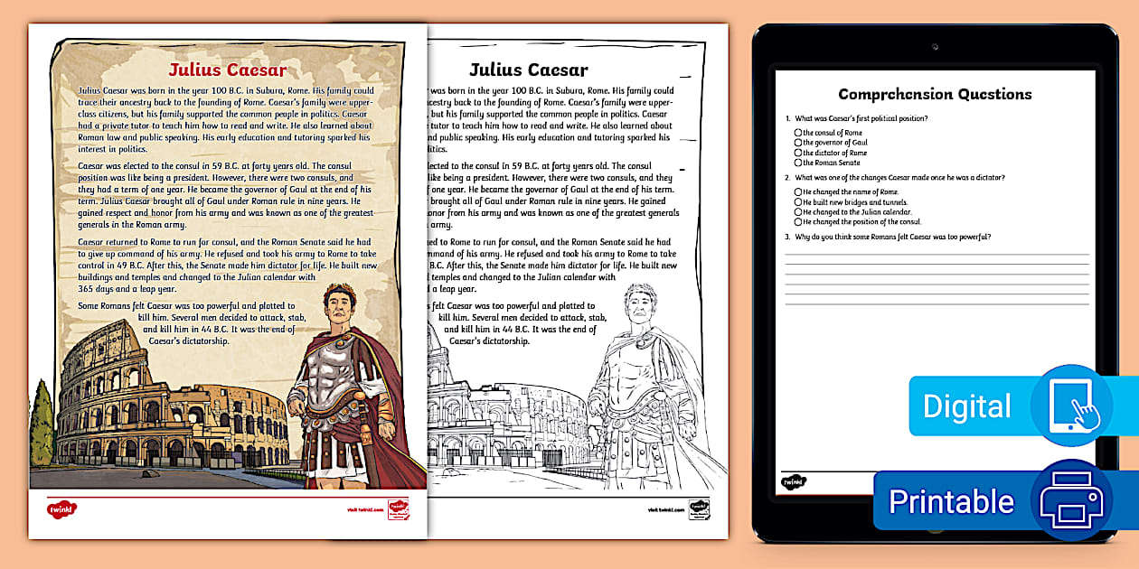 Julius Caesar Reading Passage Comprehension Worksheet