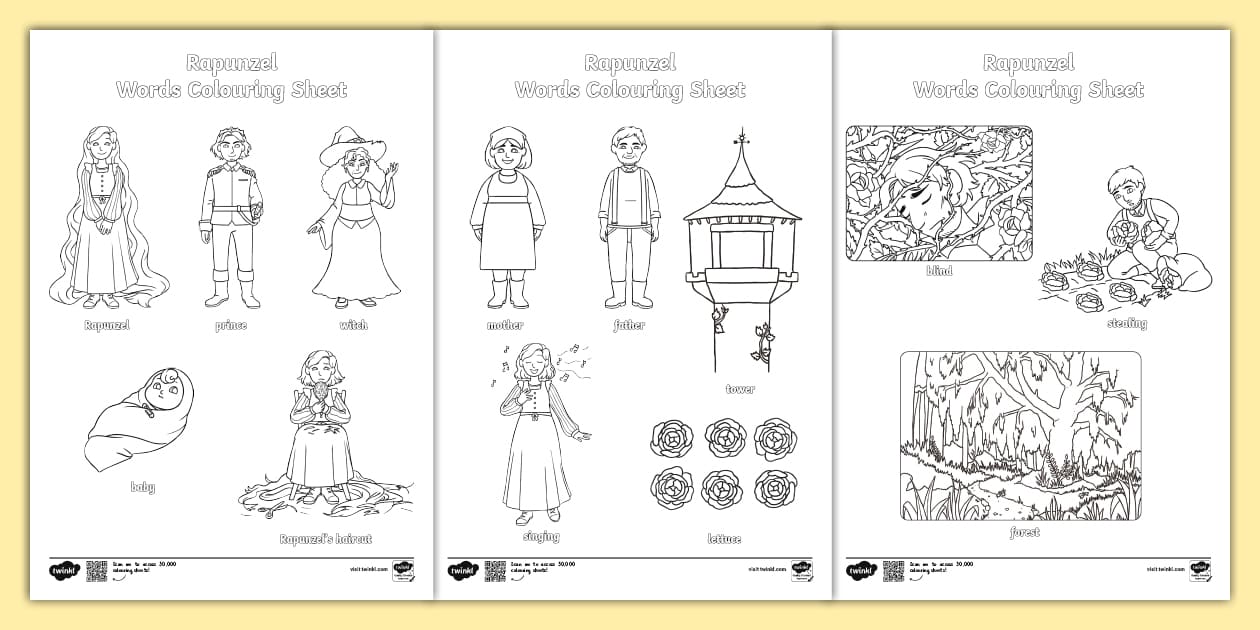 Rapunzel Words Colouring Sheet - Twinkl