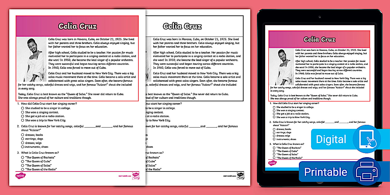 Fourth Grade Celia Cruz Reading Passage Comprehension Worksheet
