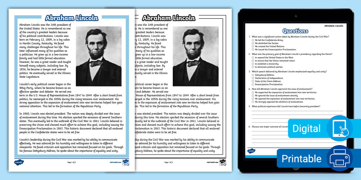 Sixth Grade Abraham Lincoln Reading Comprehension Activity