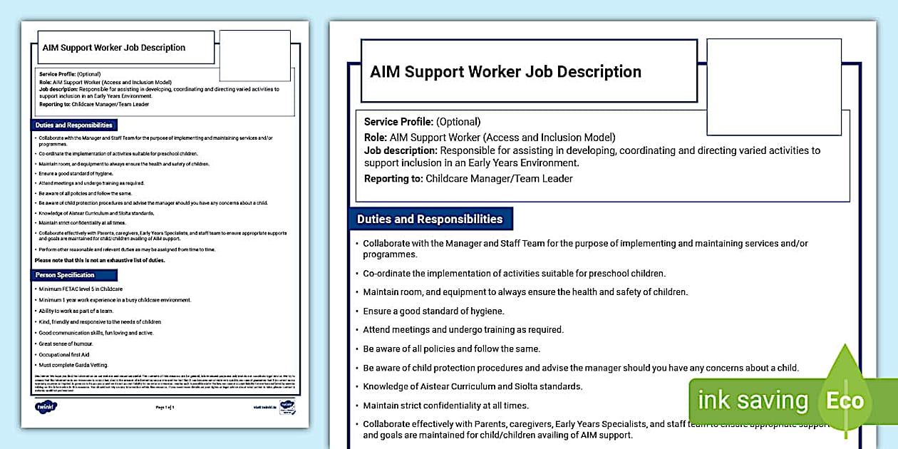 AIM Support Worker Job Description (Editable) (teacher made)