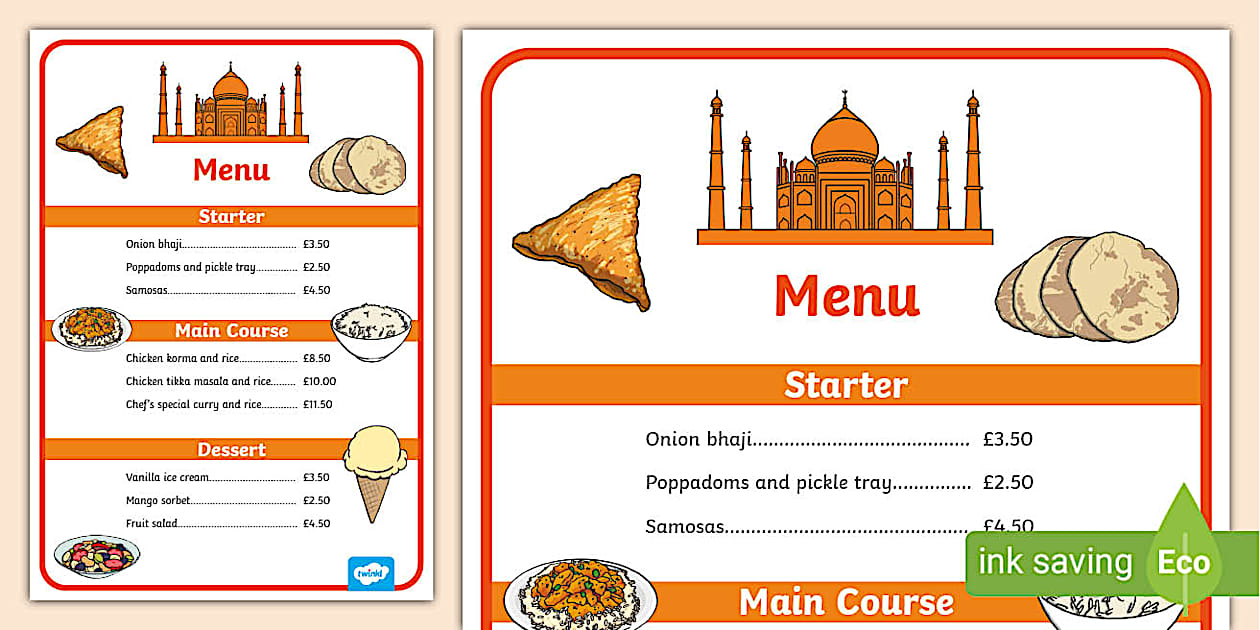 Indian Restaurant Role Play Menu With Prices - Twinkl - EYFS