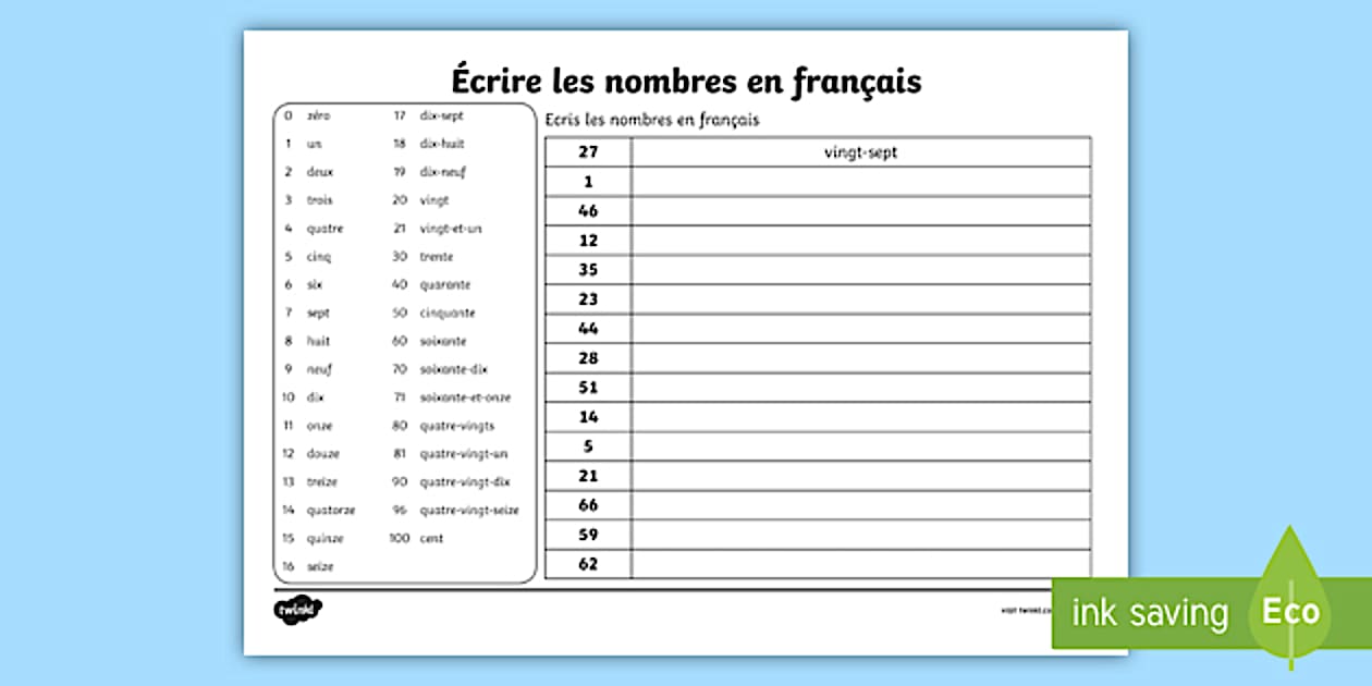 Printable French Numbers 1-100 Worksheet | Twinkl - Twinkl