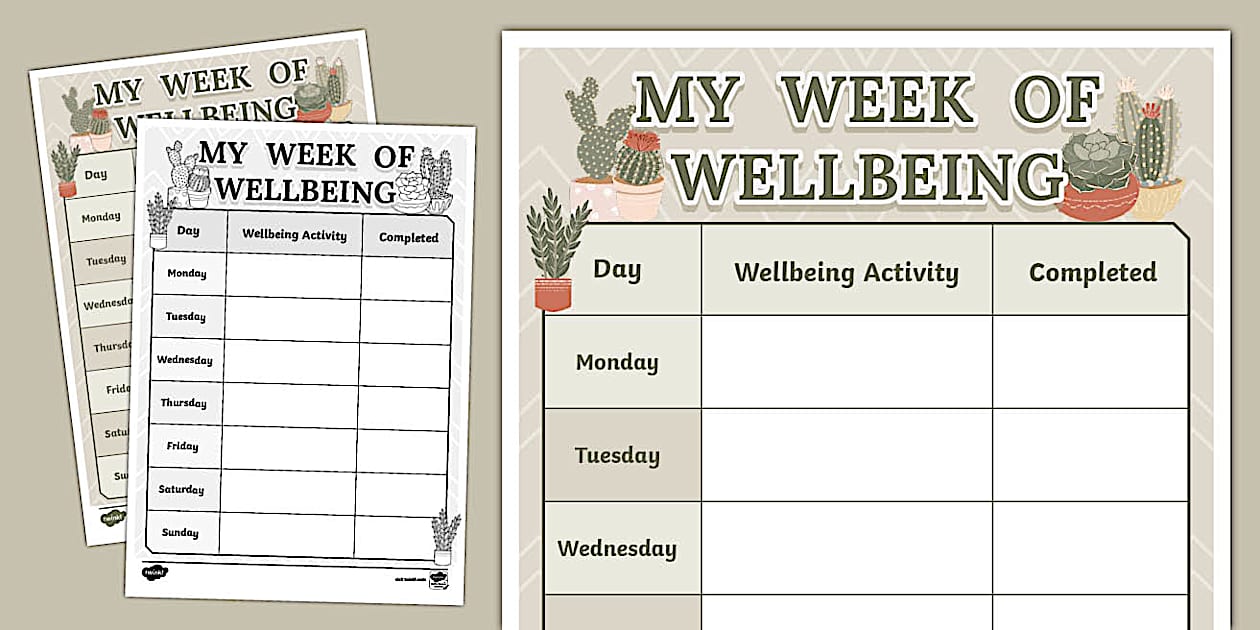 Succulents-Themed My Week of Wellbeing Worksheet - Twinkl