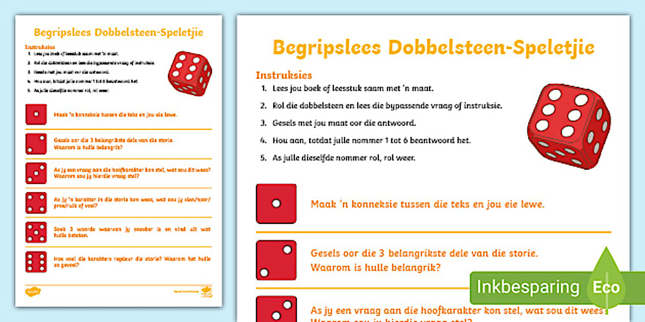 Begripstoets Dobbelsteen-Speletjie: Lees vir Begrip - Twinkl