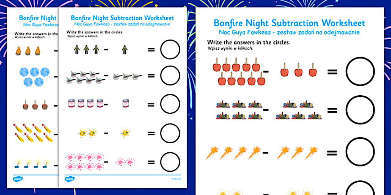 Bonfire Night Fireworks Subtraction Sheet Polish Translation - polish
