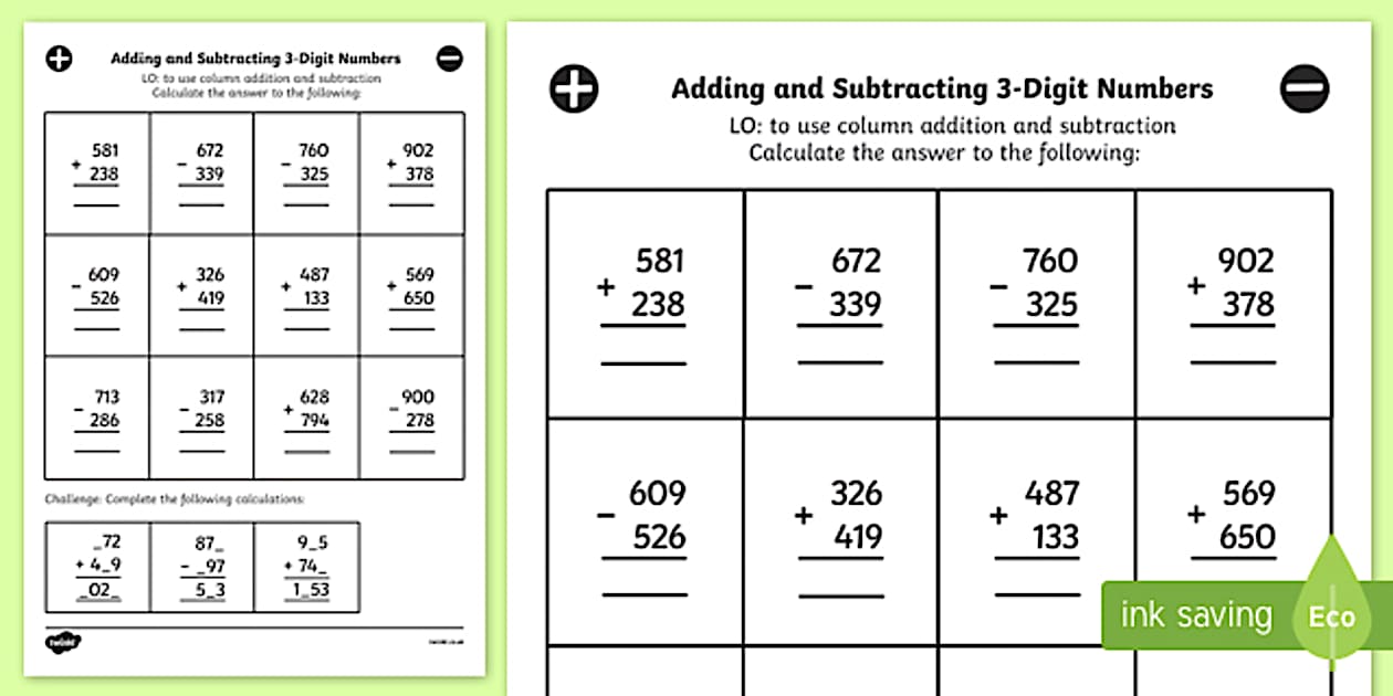 Adding and Subtracting 3 Digit Numbers in a Column Mixed Worksheet Grade 3